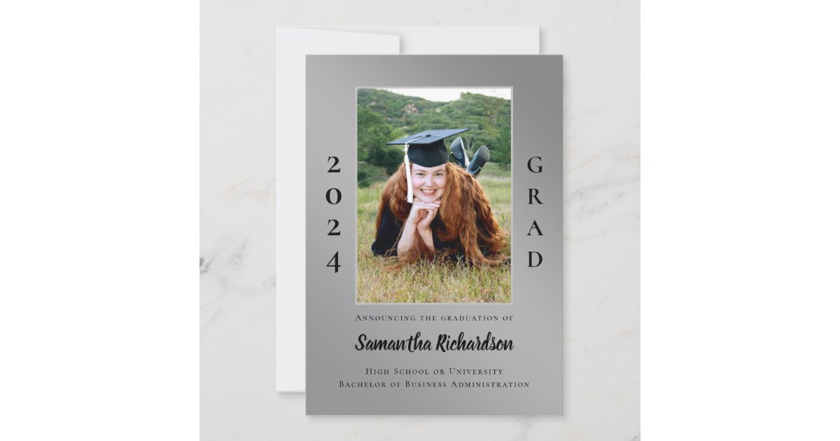 Graduation Modern Silver Black Script Photo Announcement | Zazzle