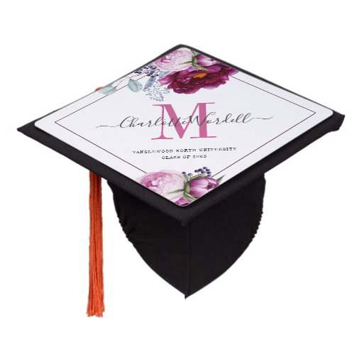 Graduation Monogram Floral Script Name Graduation Cap Topper | Zazzle