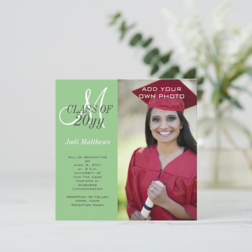 Graduation Monogram Photo Green Invitation | Zazzle