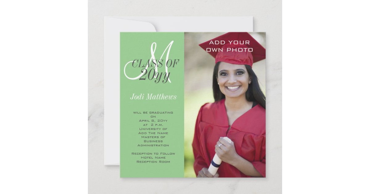 Graduation Monogram Photo Green Invitation | Zazzle