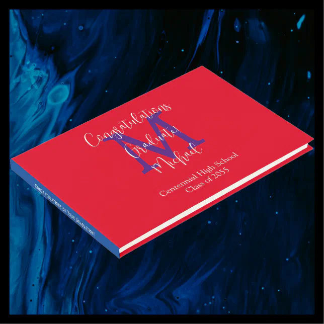 Graduation Monogram Scarlet Red White Blue Sign-In Guest Book | Zazzle