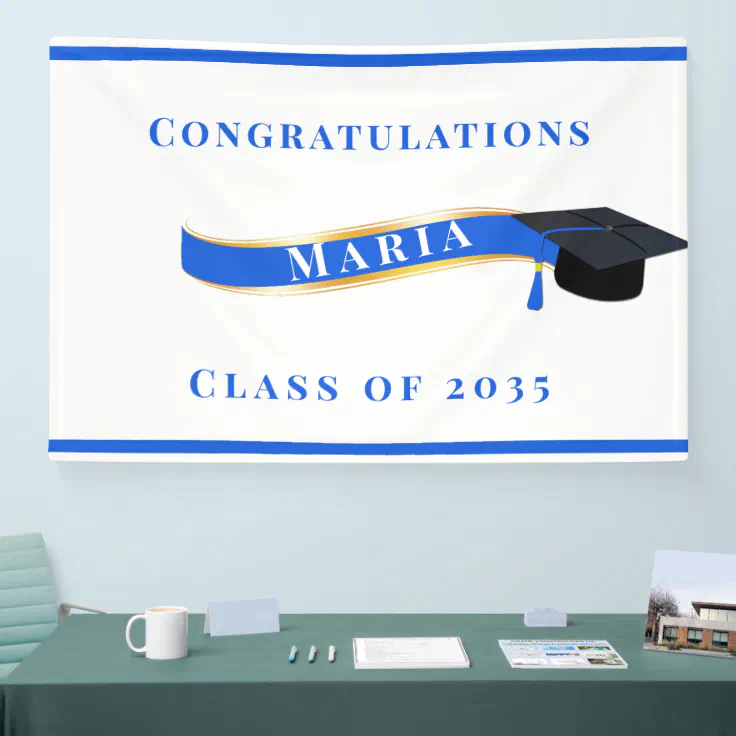 Graduation Mortar Board Blue and White Banner | Zazzle