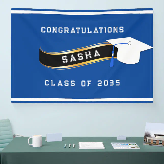Graduation Mortar Board Blue and White Banner | Zazzle
