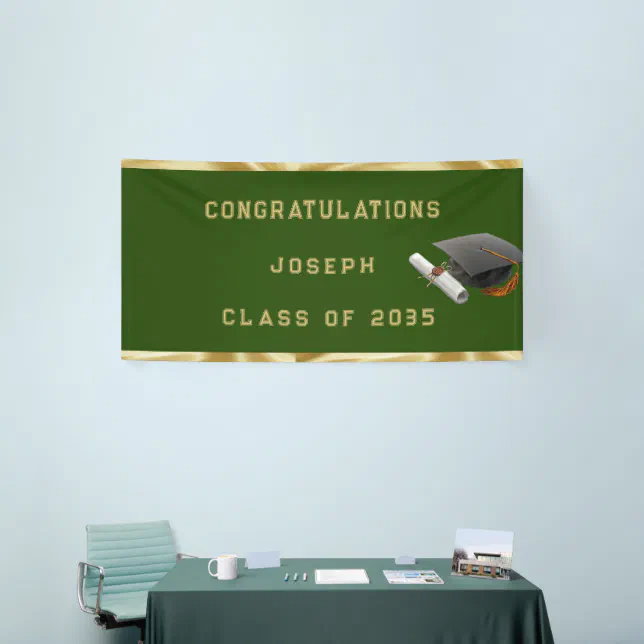 Graduation Mortar Board Green and Gold Banner | Zazzle