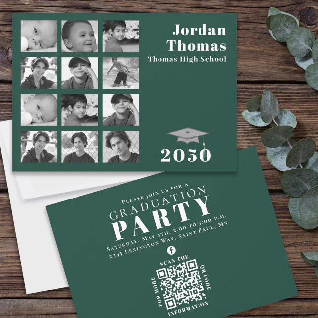 Graduation Multi Photo Collage Dark Green QR Code Invitation | Zazzle
