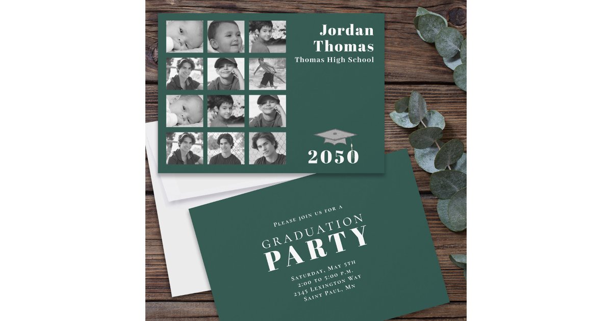 Graduation Multi Photo Collage Minimal Dark Green Invitation | Zazzle