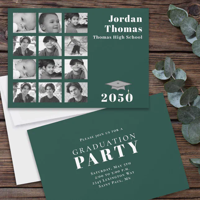 Graduation Multi Photo Collage Minimal Dark Green Invitation | Zazzle