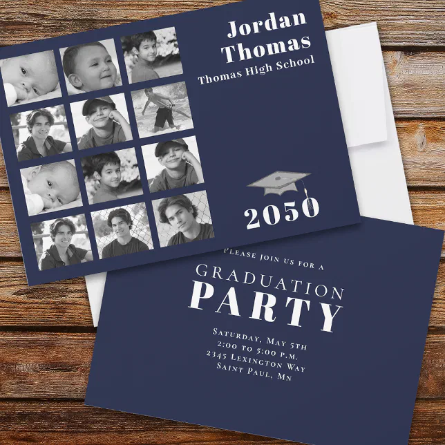 Graduation Multi Photo Collage Minimalist Navy Invitation | Zazzle