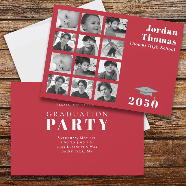 Graduation Multi Photo Collage Minimalist Red Invitation | Zazzle