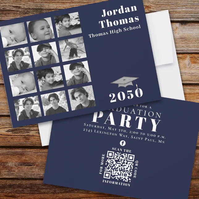 Graduation Multi Photo Collage Navy Blue QR Code Invitation | Zazzle