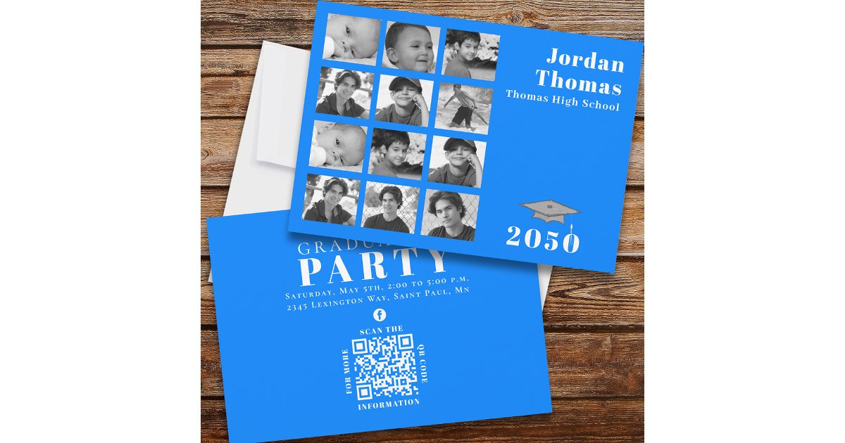 Graduation Multi Photo Collage Simple Blue QR Code Invitation | Zazzle