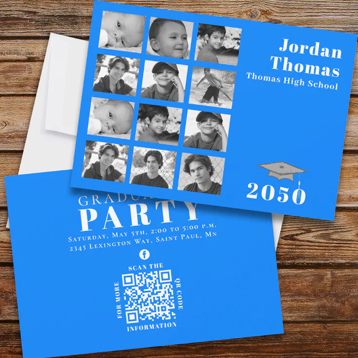 Graduation Multi Photo Collage Simple Blue QR Code Invitation | Zazzle