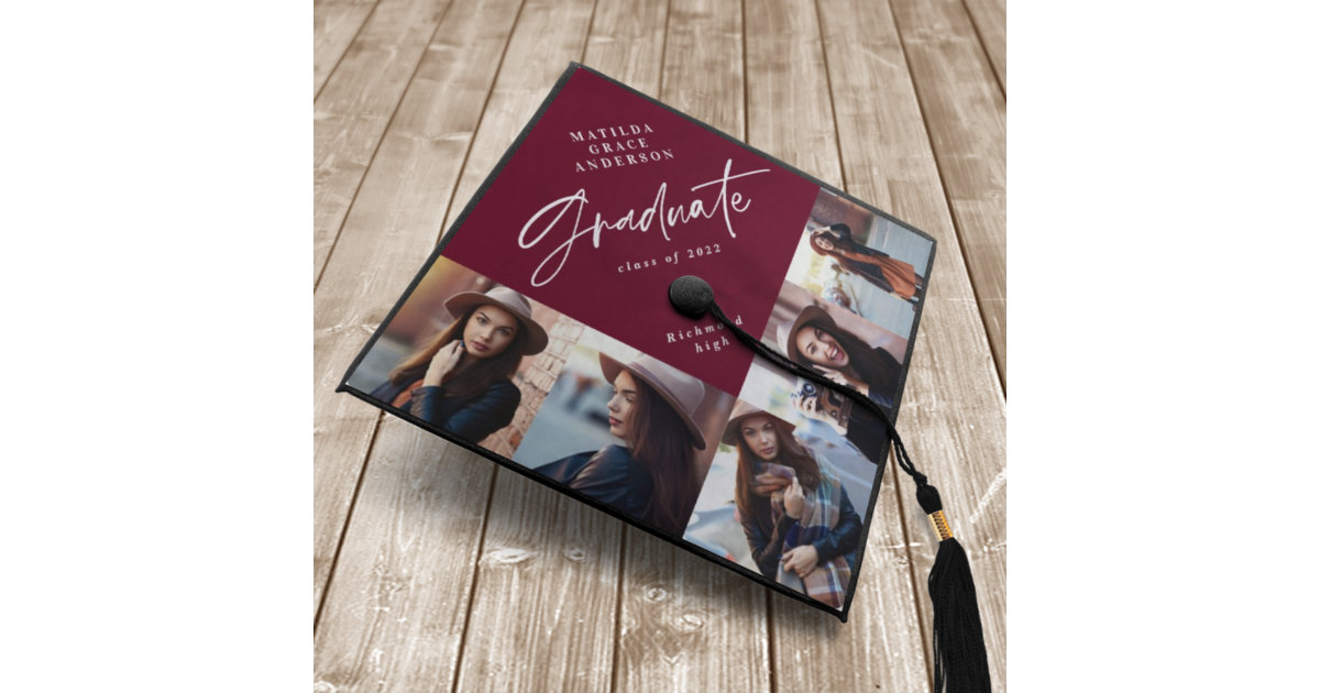 Graduation multi photo modern elegant burgundy graduation cap topper ...