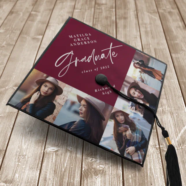 Graduation multi photo modern elegant burgundy graduation cap topper ...