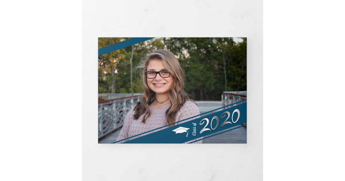 Graduation Multi Photo Simple Blue Confetti 2020 Tri-Fold Announcement ...