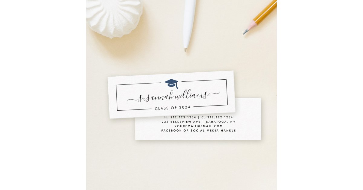 Graduation Name Card Modern Script Blue Cap | Zazzle
