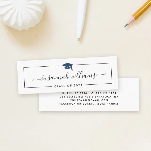 Graduation Name Card Modern Script Blue Cap | Zazzle