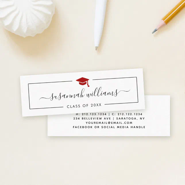 Graduation Name Card Modern Script Red Cap | Zazzle