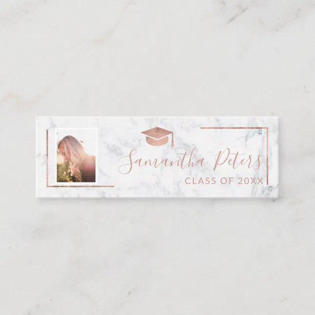 Graduation name rose gold elegant marble photo mini business card | Zazzle