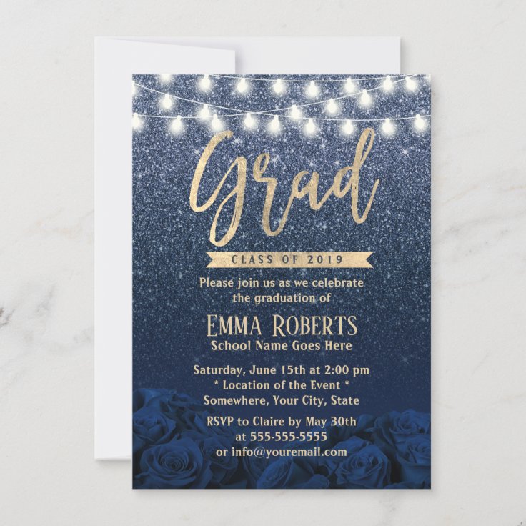 Graduation Navy Blue Floral Modern Glitter Invitation | Zazzle
