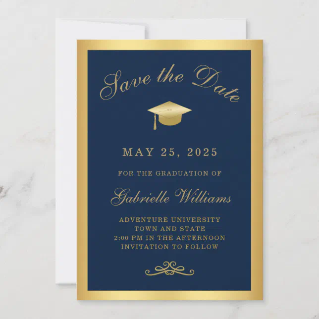Graduation Navy Blue Gold Frame Save the Date Announcement | Zazzle