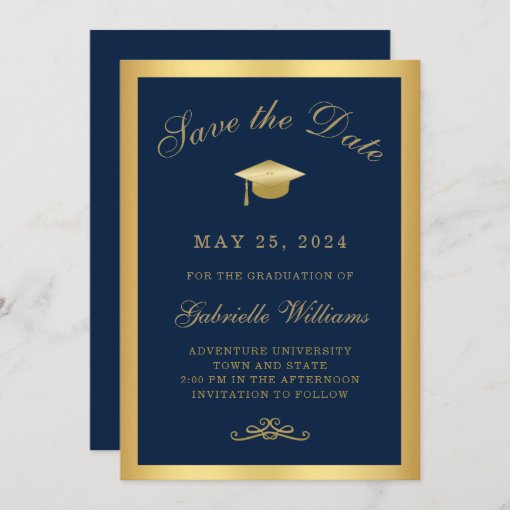 Graduation Navy Blue Gold Frame Save the Date Announcement | Zazzle