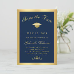 Graduation Navy Blue Gold Frame Save the Date Announcement | Zazzle