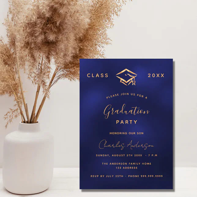 Graduation navy blue gold simple luxury invitation | Zazzle