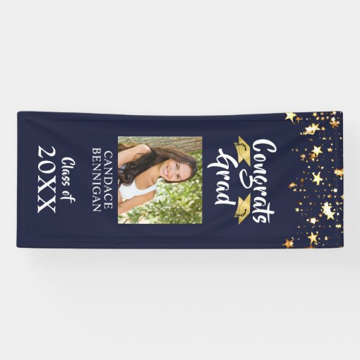 Graduation Navy Blue Gold Stars Brush Script Photo Banner | Zazzle
