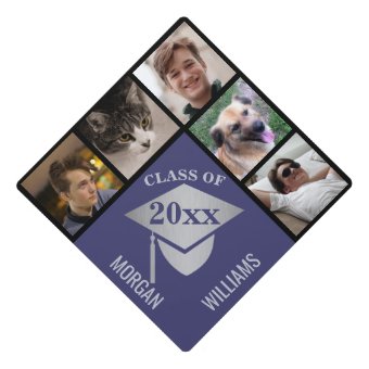 Graduation Navy Blue Silver Celebration 5 Photo Graduation Cap Topper ...