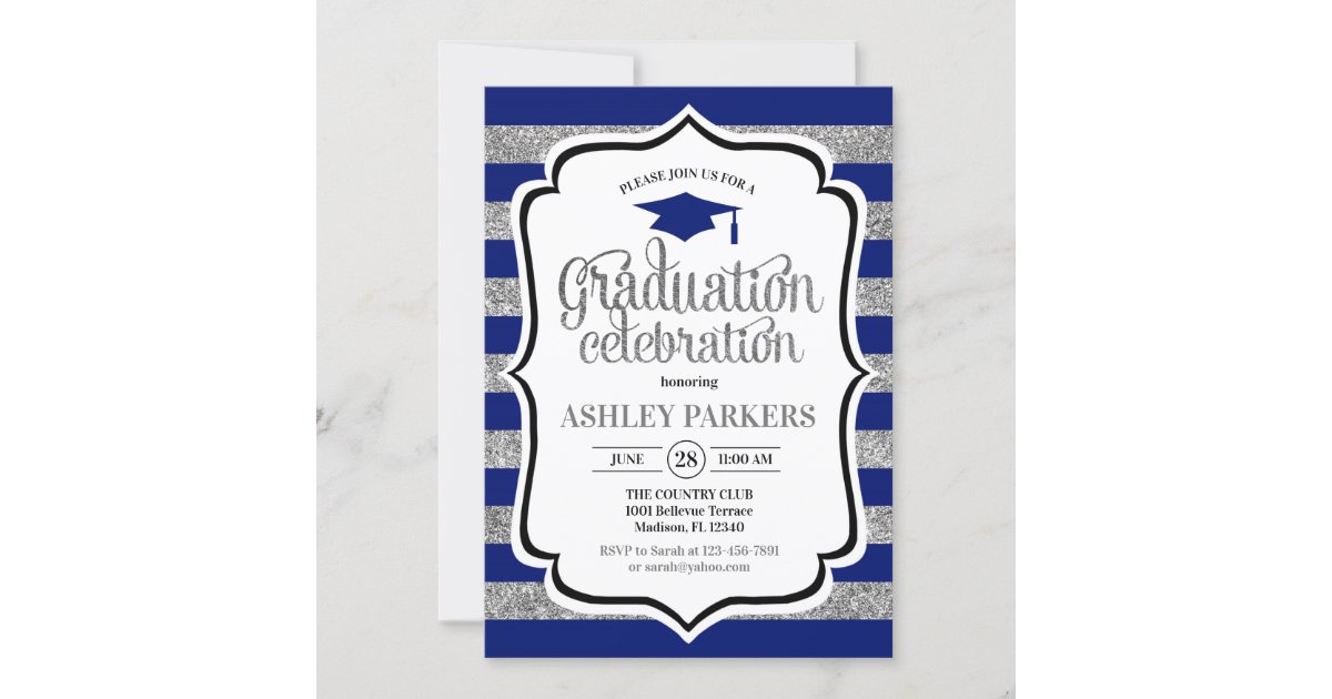 Graduation - Navy Blue Silver Stripes Invitation | Zazzle