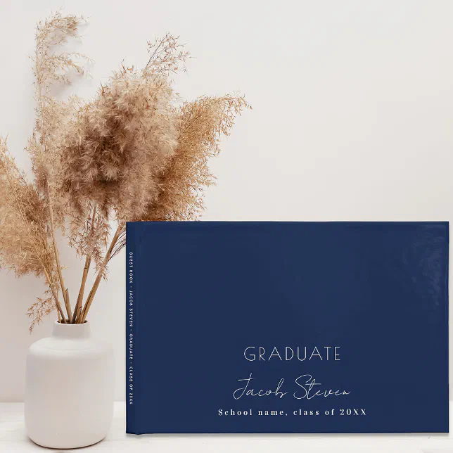 Graduation navy blue white name script minimalist guest book | Zazzle