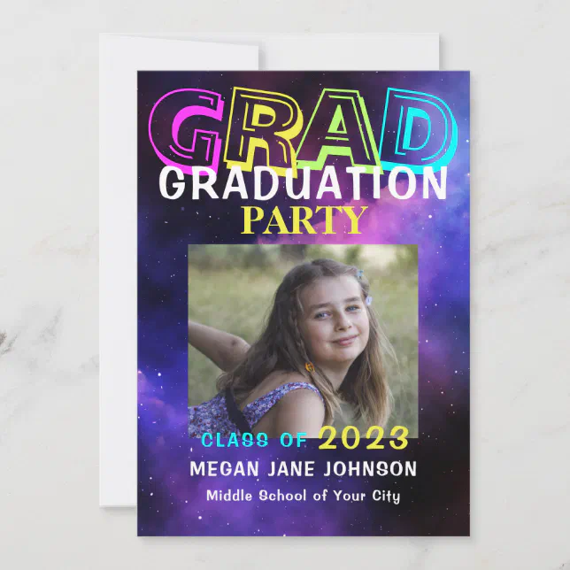Graduation neon glow middle school grad photo invitation | Zazzle