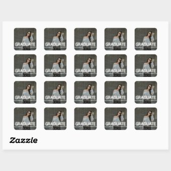 Graduation neon white photo modern congrats square sticker | Zazzle