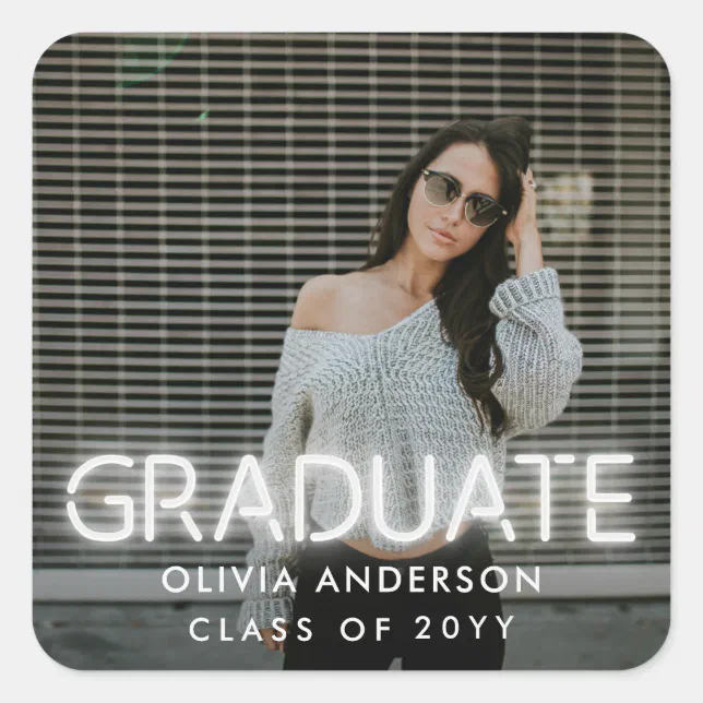Graduation neon white photo modern congrats square sticker | Zazzle