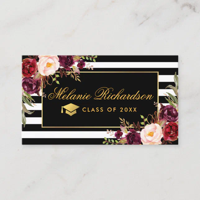 Graduation Networking Burgundy Floral Gold Striped Business Card | Zazzle
