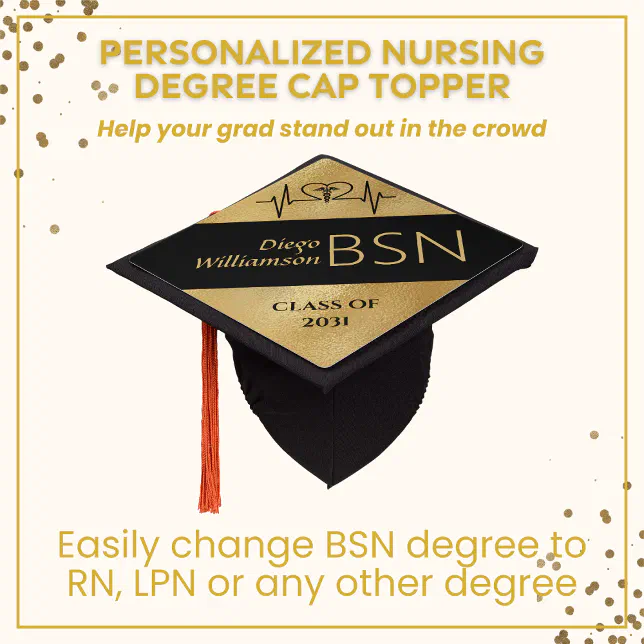 Graduation NURSE RN BSN Black Gold Graduation Cap Topper | Zazzle