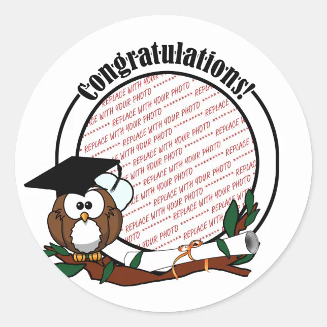Graduation Owl Photo Frame Classic Round Sticker | Zazzle