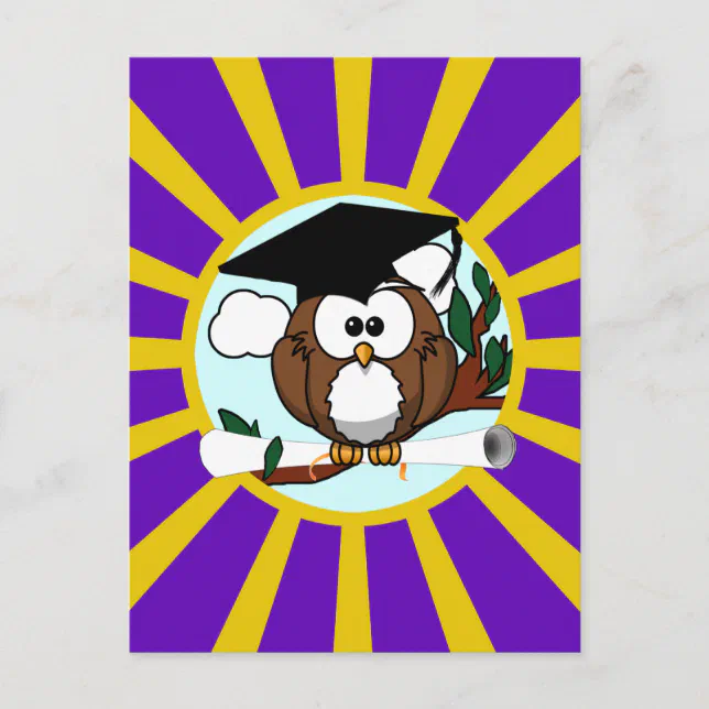 Graduation Owl Purple And Gold School Colors Announcement Postcard | Zazzle