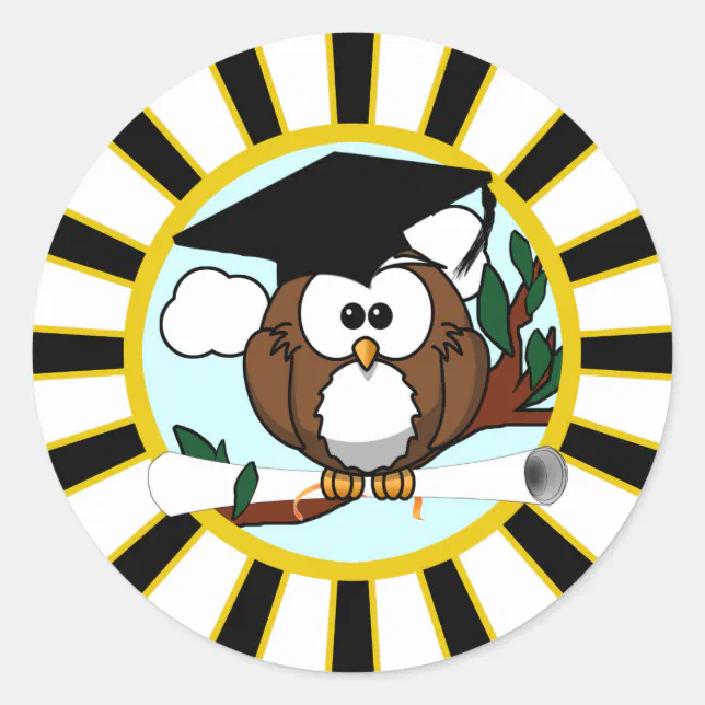 Graduation Owl w/ Black and Gold Classic Round Sticker | Zazzle