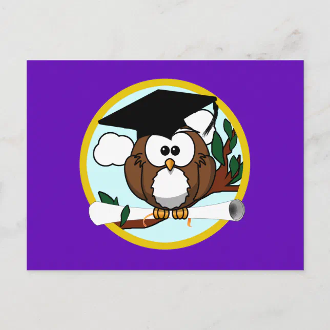 Graduation Owl w/ Cap & Diploma - Purple and Gold Announcement Postcard ...