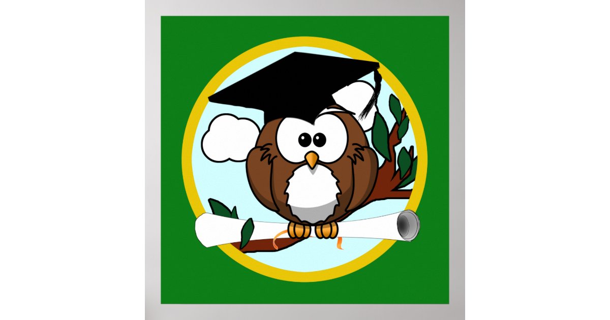 Graduation Owl With Cap & Diploma - Green and Gold Poster | Zazzle