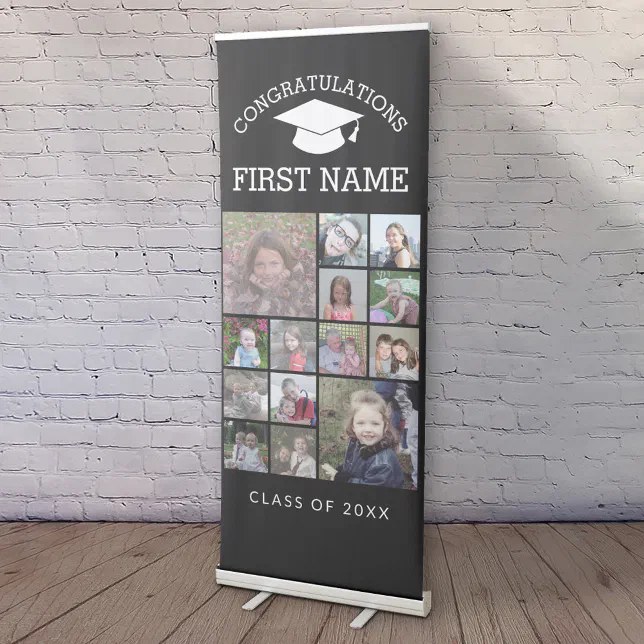 Graduation Party 14 Photo Collage - black Retractable Banner | Zazzle