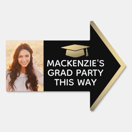 Graduation Party 2 Photo Arrow Black and Gold Yard Sign | Zazzle