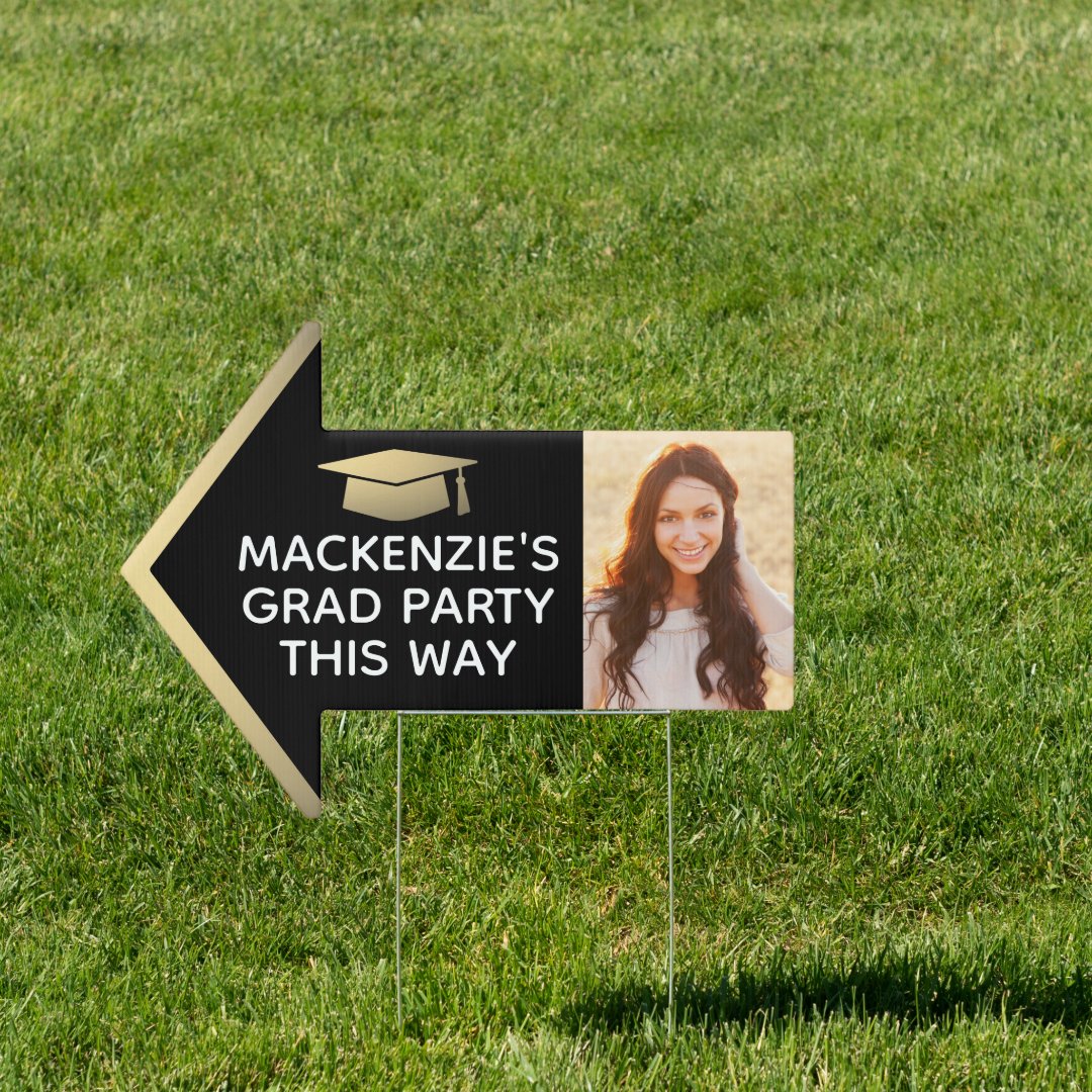 Graduation Party 2 Photo Arrow Black and Gold Yard Sign | Zazzle