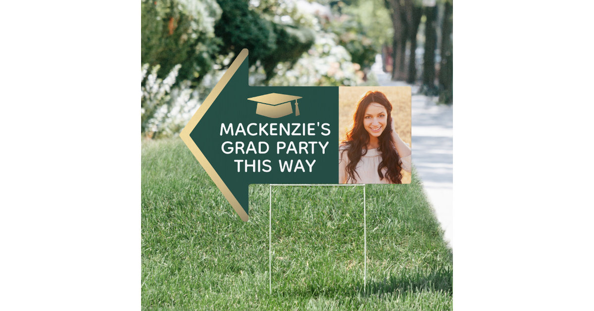 Graduation Party 2 Photo Arrow Green and Gold Yard Sign | Zazzle