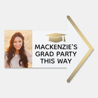 Graduation Party 2 Photo Arrow White and Gold Yard Sign | Zazzle