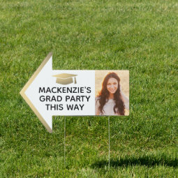 Graduation Party 2 Photo Arrow White and Gold Yard Sign | Zazzle