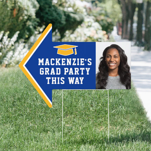 Graduation Party 2 Photo Royal Blue and Gold Arrow Sign | Zazzle