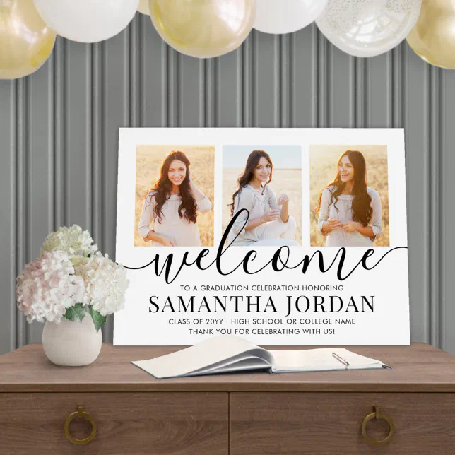 Graduation Party 3 Photo & Black Script Welcome Foam Board | Zazzle
